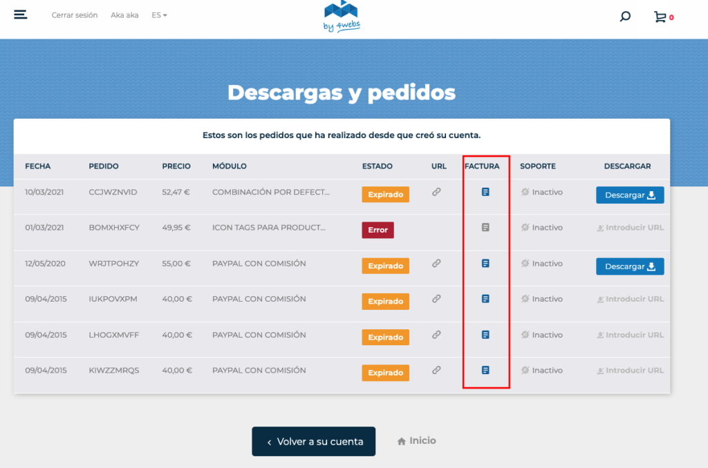 Descargar facturas de la tienda - FAQ